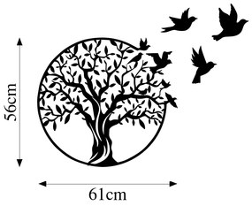 Wallexpert Dekorativní kovový nástěnný doplněk Tree And Birds, Černá
