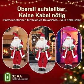 HOMCOM Zpívající a tancující Santa Claus, 120 cm, stojící animovaná vánoční postava se svícnem a pytlem, aktivovaná zvukem / dotykem