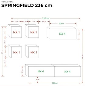 Ral Obývací stěna SPRINGFIELD 7, 236 cm - Černý lesk