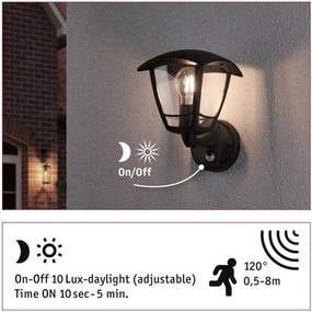 P 94647 Venkovní nástěnné svítidlo Classic Curved pohybové čidlo IP44 hranaté 164x180mm max. 12W 230V černá umělá hmota - PAULMANN