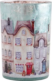 Modrý skleněný svícen vesnička domky Village L - Ø 12*18 cm