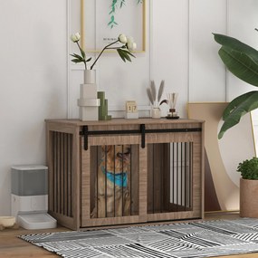 PawHut Box pro psy Klec pro psy, uzamykatelná, dřevěný vzhled, rustikální design, 98 cm x 58 cm x 61 cm, ořech + černá barva