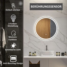 kleankin koupelnové zrcadlo s LED osvětlením, Ø 60 cm osvětlené zrcadlo s dotykovou funkcí, paměťová funkce bez mlhy s hliníkovým rámem