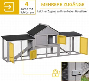 PawHut Velká venkovní králičí bouda dřevěná klec pro 2-4 králíky s asfaltovou střechou, drátěným oplocením, odnímatelným zásobníkem a rampami 210x45x…
