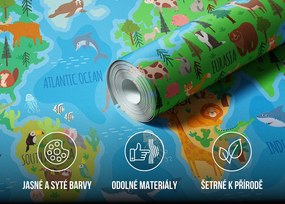 Dětská fototapeta na míru Barevná Zvířecí Mapa Světa | Vliesová fototapeta na zed' | DFTD5P 352443