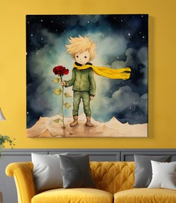 Obraz na plátně - Malý princ na své planetce s milovanou růží (cartoon) FeelHappy.cz Velikost obrazu: 140 x 140 cm