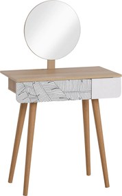 HOMCOM Toaletní stolek s kulatým zrcadlem Ф39cm, Toaletní stolek se zásuvkou s dekorací džungle, Bílý a dubový, 70x39x119-128cm