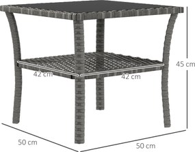Polyratanový zahradní stolek, 50 x 50 x 45 cm, odolný proti povětrnostním vlivům, pro 4 osoby, čtvercový se skleněnou horní policí