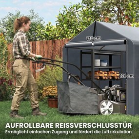 Outsunny 1,62 × 2,22 m voděodolný zahradní úložný stan s rolovacími zipovými dveřmi, sedlová střecha, ocelový rám, UV-odolný — tmavě šedý