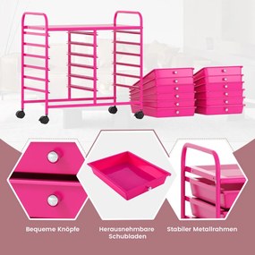 Costway Vozík s 12 stohovatelnými zásuvkami a amp; Úložná plocha – tmavě růžová