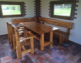 KULHÁNEK Zahradní dubová sestava - stůl, 2x křeslo, 1x rohová lavice (rustikální provedení) Odstín nátěru: lazura - pinia