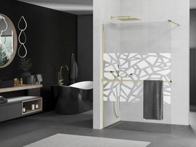 Mexen Kioto+, sprchová zástěna s poličkou a držákem na ručníky 80 x 200 cm, 8mm čiré sklo vzor bílý, zlatý profil 800-080-121-50-85
