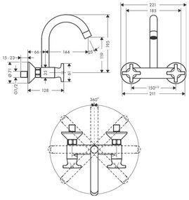 Hansgrohe Logis M32 - Kuchyňská baterie se dvěma kohouty Eco, montáž na zeď, horní výtok, 1jet, chrom 71284000