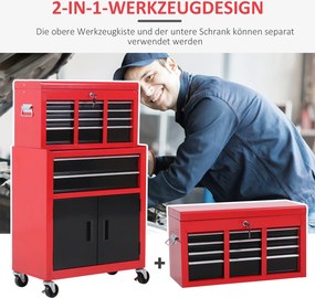 HOMCOM pracovní vozík s nářaďovým boxem - uzamykatelný, prázdný, s 6 zásuvkami, skříňkovým oddělením, protiskluzovými podložkami a 2 klíči - kovový b…