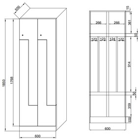 Kovová šatní skříňka Z, 4 oddíly, 1850 x 600 x 500 mm, kódový zámek, laminované dveře, bříza
