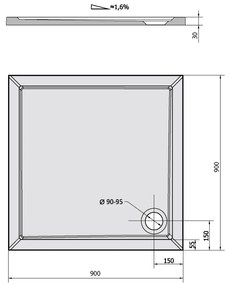 Polysan AURA sprchová vanička z litého mramoru, čtverec 90x90cm, bílá - 43511