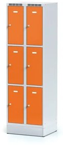 Alfa 3 Plechová šatní skříňka na soklu s úložnými boxy, 6 boxů, oranžové dveře, otočný zámek