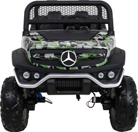 Ramiz Mercedes Benz Unimog elektrické autíčko pro děti maskáčové + pohon 4x4 + dálkové ovládání + nosič zavazadel + pomalý start + rádio MP3 + LED