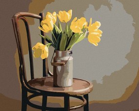 zuty zuty - malování podle čísel - žluté tulipány v konvici na mléko na židli, 40x50 cm, plátno+rám