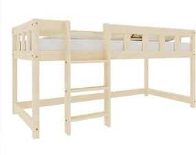 Benlemi Nízká vyvýšená postel PLOTTY s žebříkem 90x200 cm Zvolte barvu: Nelakovaná, Zvolte stranu: Vlevo, Zvolte variantu: Bez závěsu