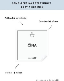 Samolepka na kořenky ČÍNA průhledná 5 × 5 cm tučné písmo