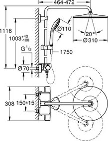 Grohe - Sprchový set 310 s termostatem na zeď a poličkou, 3 proudy, ch