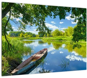 Skleněný obraz letní řeky s loďkou (70x50 cm)