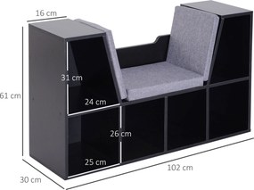 HOMCOM Dvoudílná knihovna s moderním designem a lavičkou, 6 přihrádek a 3 polštáře, 102D x 30Š x 61V cm, Černá Šedá