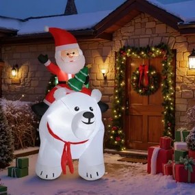Outsunny Nafukovací Santa Claus na ledním medvědovi 200 cm, 5 LED světel, dekorace do interiéru a exteriéru, bílá