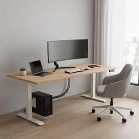 Výškově nastavitelný stůl OfficeTech D, 200 x 80 cm, bílá podnož, dub kraft