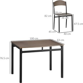 HOMCOM 5-dílná jídelní souprava se 1 obdélníkovým stolem 100x63x76.5 cm a 4 židlemi 45x40x82 cm, v kovu a MDF, černá a hnědá