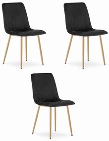 Set tří jídelních židlí LAVA sametové černé / dřevěné nohy (3 ks)