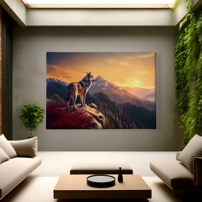 Obraz na plátně - Vlk na skále zkoumá svůj rajon FeelHappy.cz Velikost obrazu: 120 x 80 cm