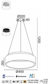 ACA DECOR LED závěsné svítidlo APOLLO 34W/230V/3000K/1700Lm/360°/IP20/DIM, Flicker free