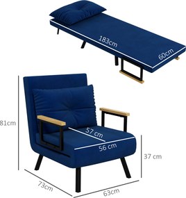 HOMCOM Rozkládací pohovka s nastavitelným opěradlem v 5 úrovních, skládací pohovka s polštáři do obývacího pokoje, čalouněný textil, ocel a dřevo, 63…