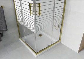 Mexen Rio, čtvercový sprchový kout s posuvnými dveřmi 70 (dveře) x 70 (dveře) x 190 cm, 5mm čiré sklo s pásky, zlatý profil + bílá sprchová vanička SLIM, 860-070-070-50-20-4010G