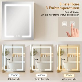 HOMCOM Zrcadlová skříňka Koupelna s osvětlením Nastavitelná police, dveře, 3 barevné teploty, Proti-mlhová 50 x 15 x 60 cm Bílá