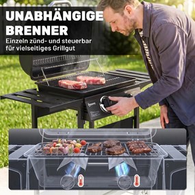 Outsunny Plynový gril 5 KW 2 hořáky BBQ grilovací vozík z nerezové oceli včetně bočního stolku spodní koš přední kryt teploměr smaltovaný grilovací r…
