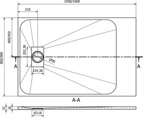 Mexen Hugo, obdélníková sprchová vanička SMC 160 x 80 cm, černá, ocelová krytka, 42708016-X