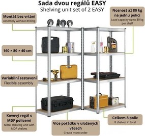 Sada Kovový regál 2 ks 160 × 80 × 40 cm, 8 polic, variabilní