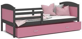 Dětská postel MATYAS P 80x160 cm s šedou konstrukcí v růžové barvě se šuplíkem.