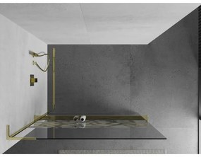Mexen Kioto+ L, sprchová zástěna Walk-In s poličkou a věšákem 100 x 200 cm, 8mm čiré sklo bílý vzor, ​​zlatý lesklý profil, 800-100-123-50-85