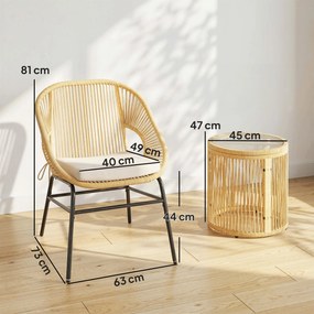 Outsunny 3dílný ratanový bistro set – 2 polstrovaná křesla a tvrzený skleněný stolek, béžová
