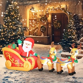 Outsunny Nafukovací vánoční dekorace, Santa Claus v saních tažených soby, polyester