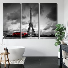 Vícedílný obraz Černobílý Pohled Na Eiffelovu Věž A Retro Auto Nedostatek Nedostatek Plátno Canvas 120x80