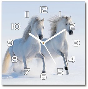 Wallmuralia Skleněné hodiny čtverec Dva koně ve sněhu 30x30 cm