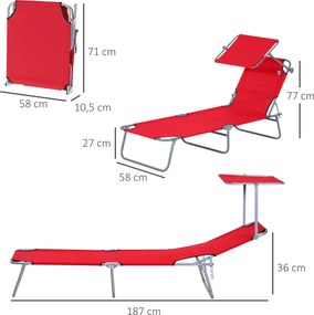 Zahradní lehátko Outsunny skládací s ochranou proti slunci, wellness lehátko plážové lehátko v červené barvě 187 x 58 x 36 cm pro hodiny relaxace ven…
