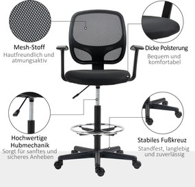 Ergonomická kancelářská židle Vinsetto kancelářská židle, otočná židle, kreslící židle, nastavitelný kroužek na nohy, do 120 kg, černá, 60x56x110-132…