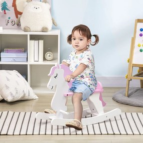HOMCOM Houpací Kůň pro Děti 1-3 Roční Houpací Dřevěný Kůň s Řídítky a Pedály Nosnost 50 kg 68x27x46,5 cm Bílá a Růžová