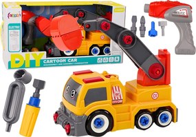 LEAN Toys Nákladní auto s jeřábem v kresleném stylu na rozšroubování – DIY, oranžové
